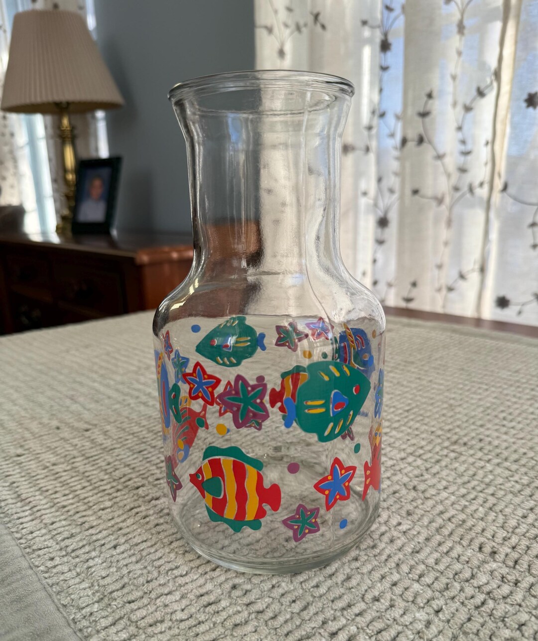 Vintage 80s Libbey Glass Juice Carafe, Pitcher, Colorful Tropical Fish ...
