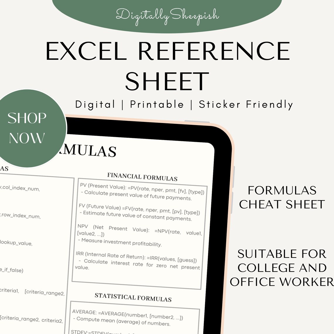 Excel Functions Excel Cheat Sheet Excel for Windows and Mac Digital and ...