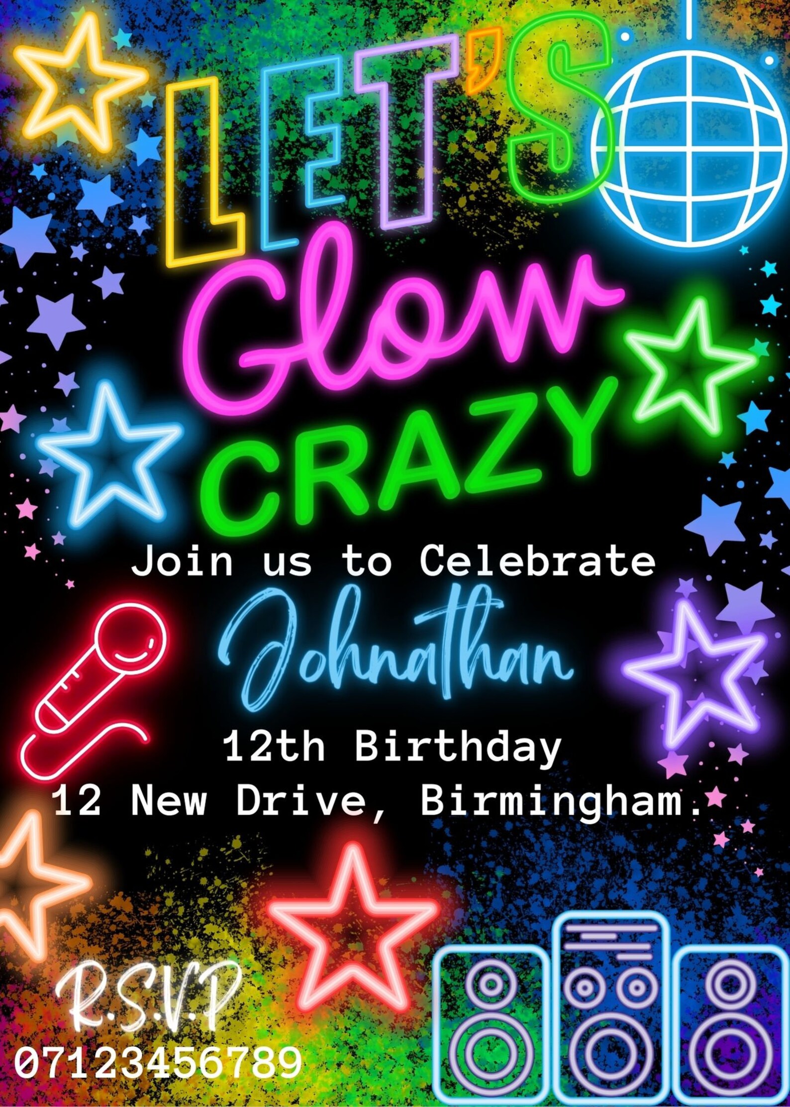 Let's Glow Crazy Neon Birthday Party Invite, Glow in the Dark, Neon ...