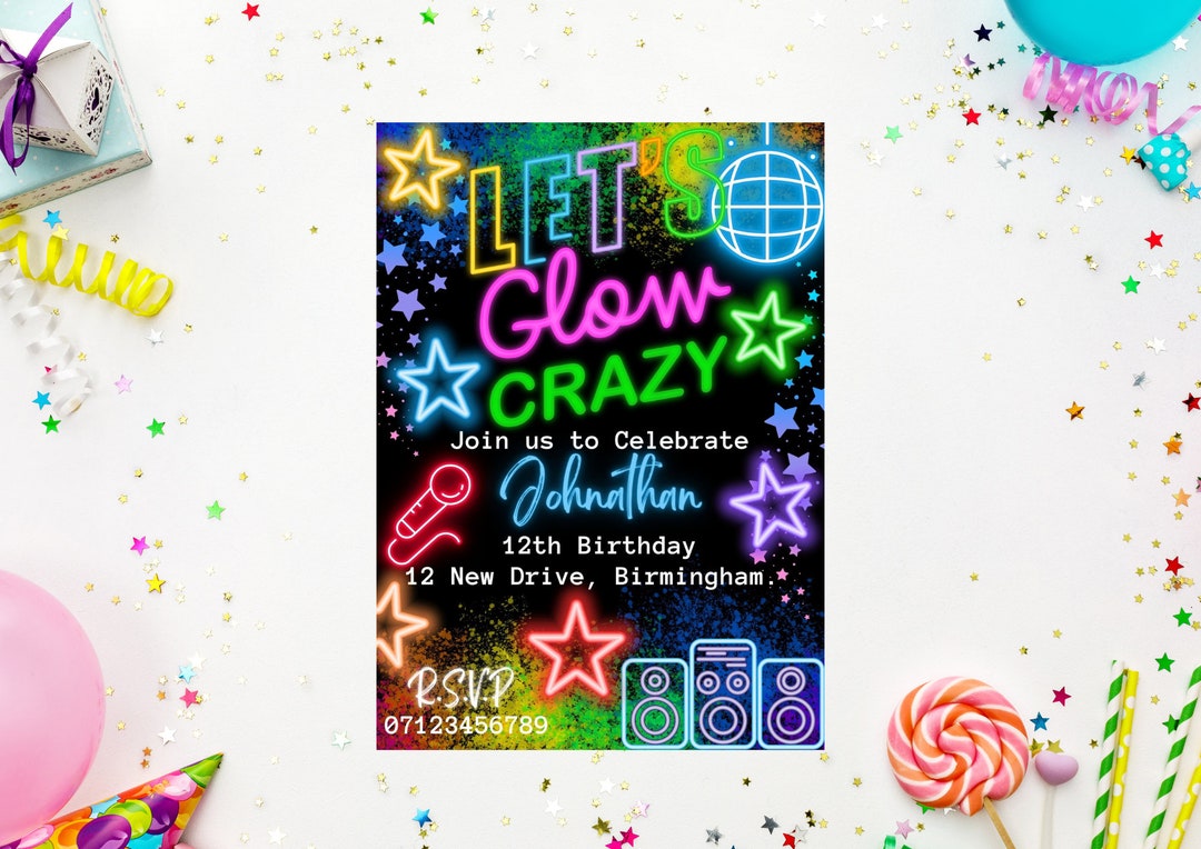 Let's Glow Crazy Neon Birthday Party Invite, Glow in the Dark, Neon ...