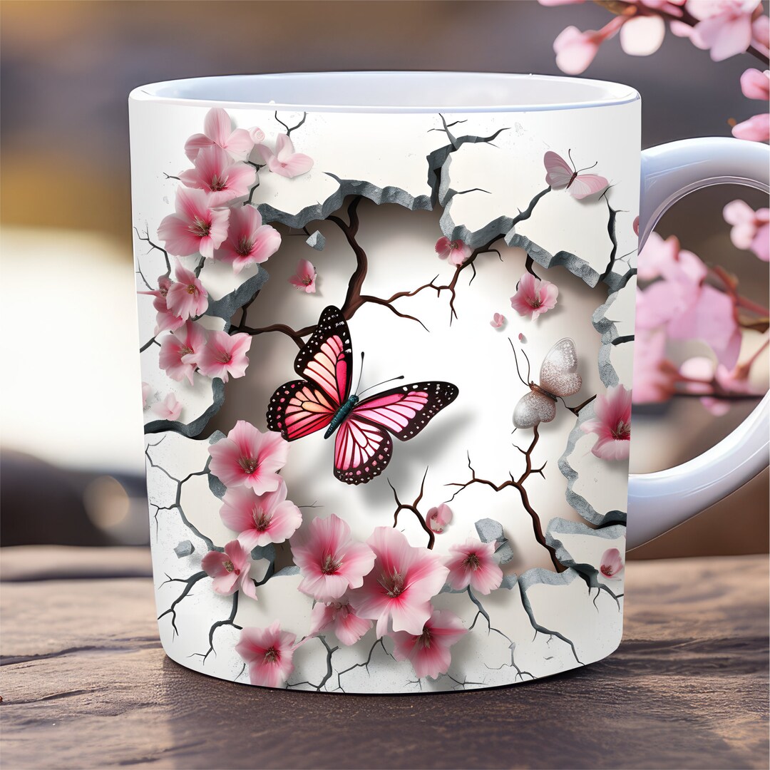 3d Pink Butterfly Mug Wrap Png, 11oz and 15oz Mug Template, Hole in a ...