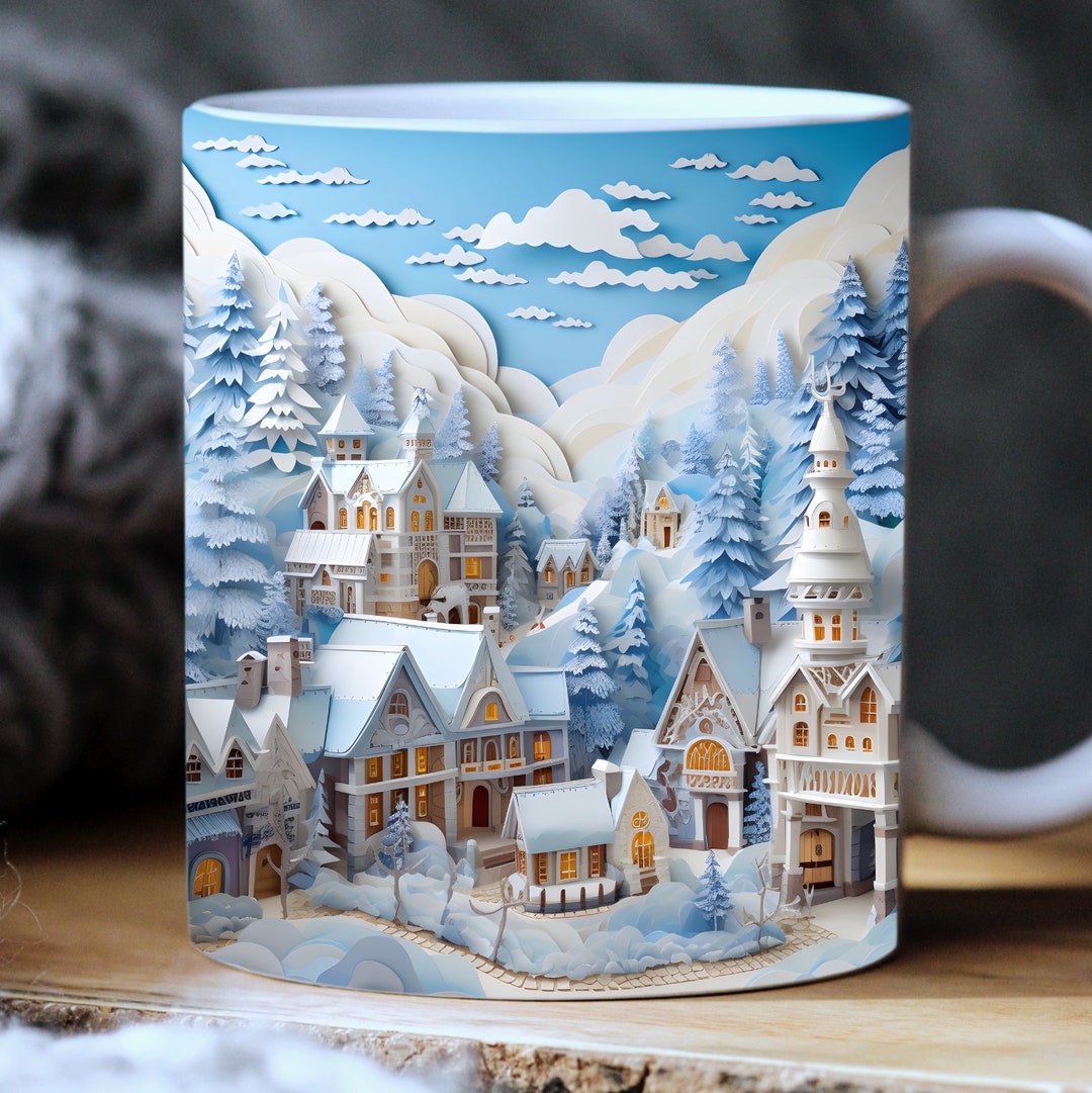 3d Winter Village Mug Wrap, 11oz and 15oz Mug Template, Winter Mug ...