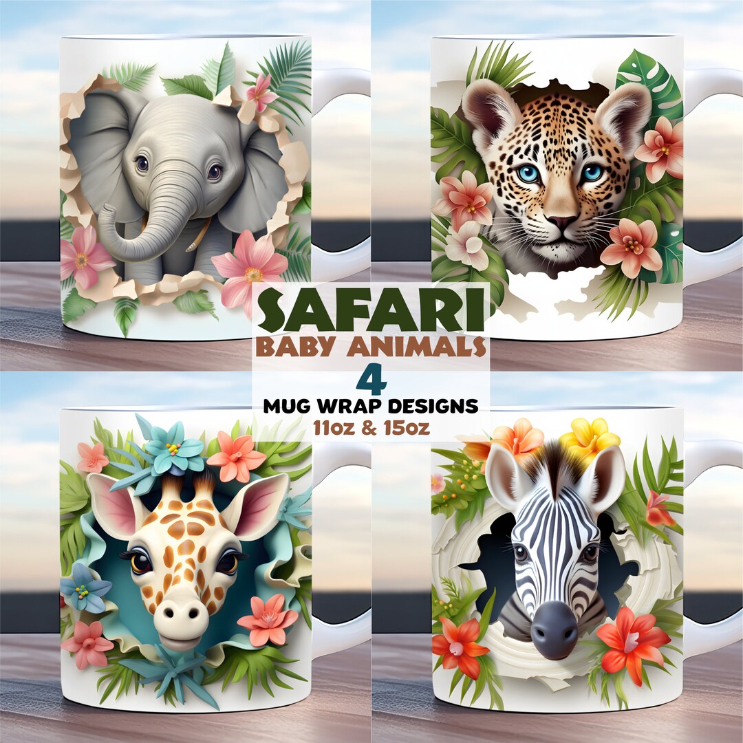3d Baby Safari Animals Mug Wrap Bundle, Png, 11oz and 15oz Mug Template ...