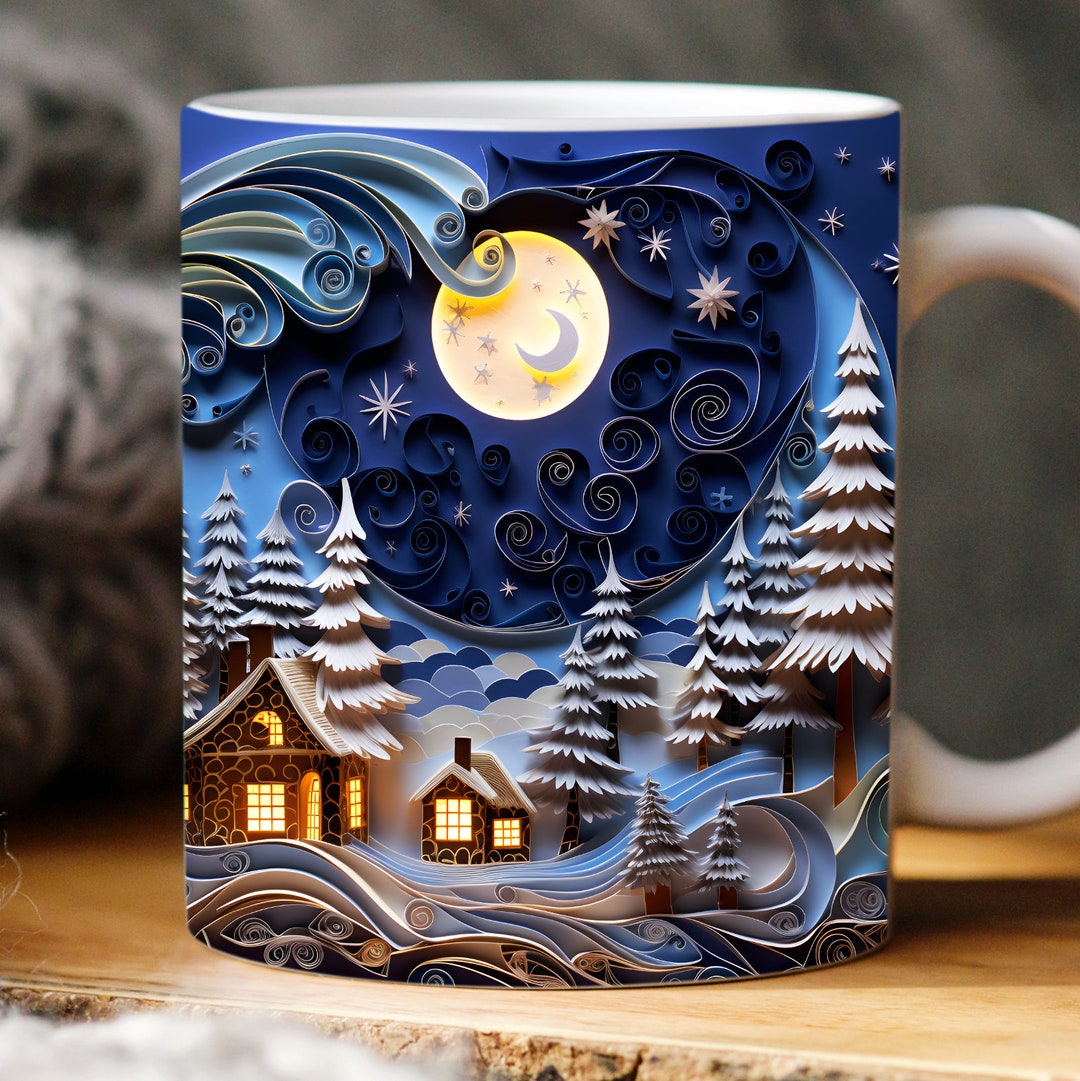 3d Winter Night Village Mug Wrap, 11oz and 15oz Mug Template, Winter ...