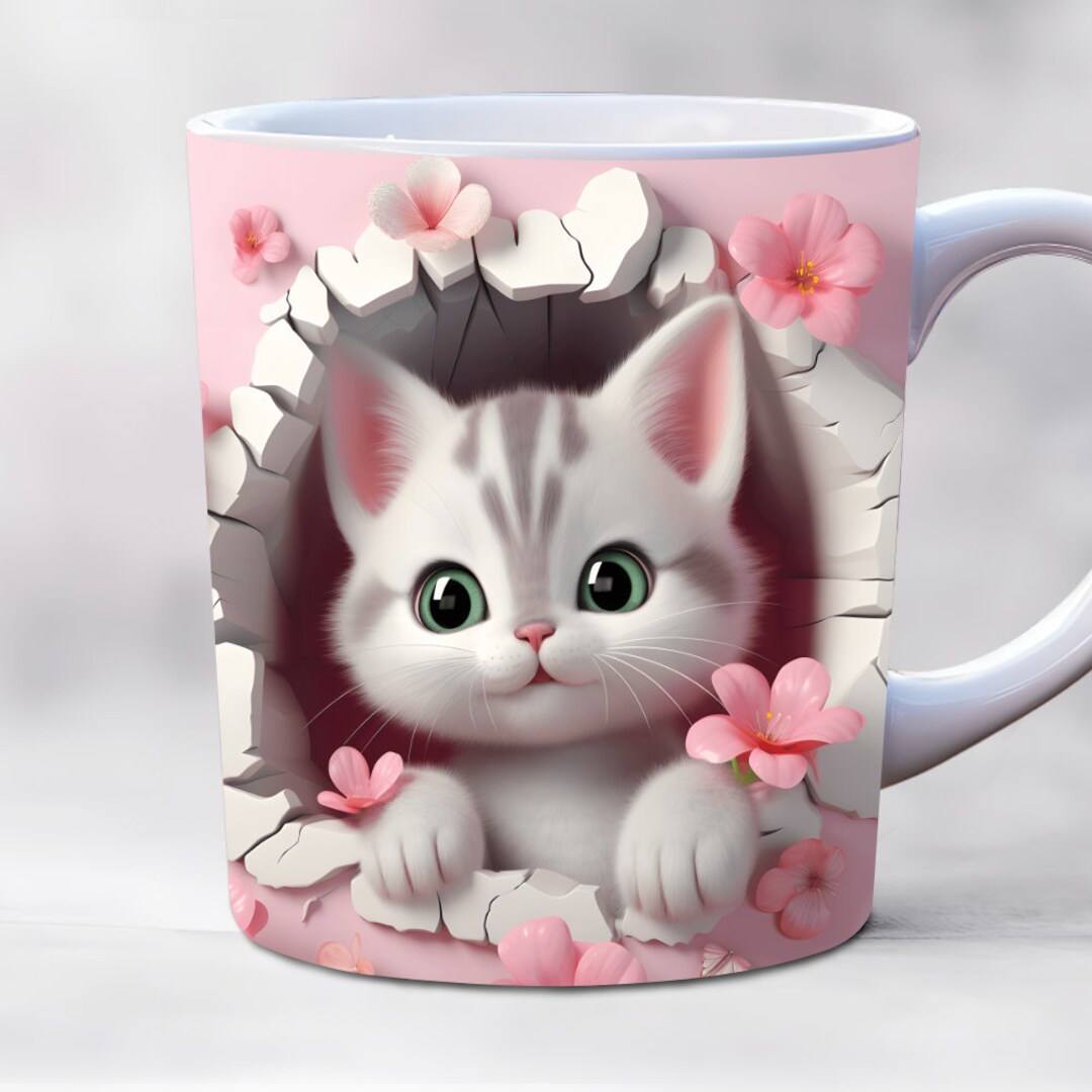 3d Baby Kitten Mug Wrap, 11oz and 15oz Mug Template, Hole in a Wall Mug ...