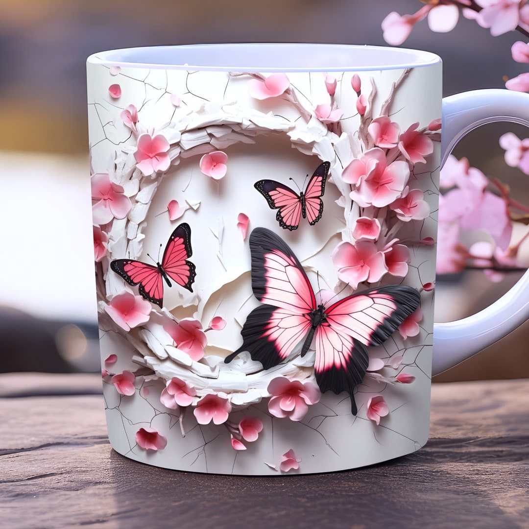 3d Pink Butterfly Mug Wrap PNG, 11oz and 15oz Mug Template, Spring Mug ...