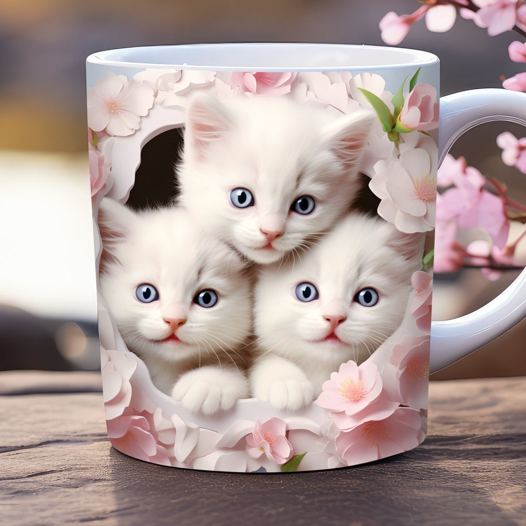 3d Baby Kitten Mug Wrap, 11oz and 15oz Mug Wrap PNG, White Cat Mug Wrap ...