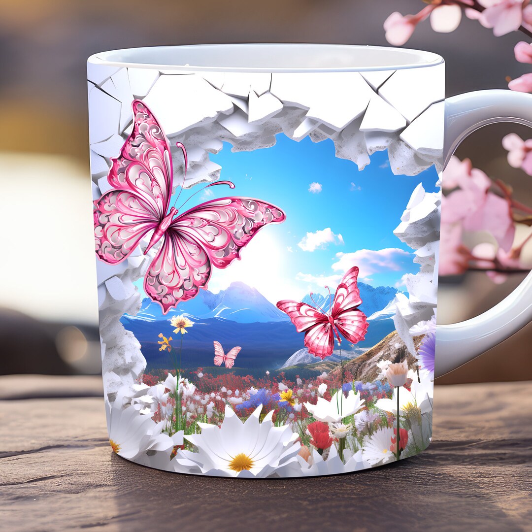 3d Pink Butterfly Mug Wrap Png, 11oz and 15oz Mug Template, Hole in a ...
