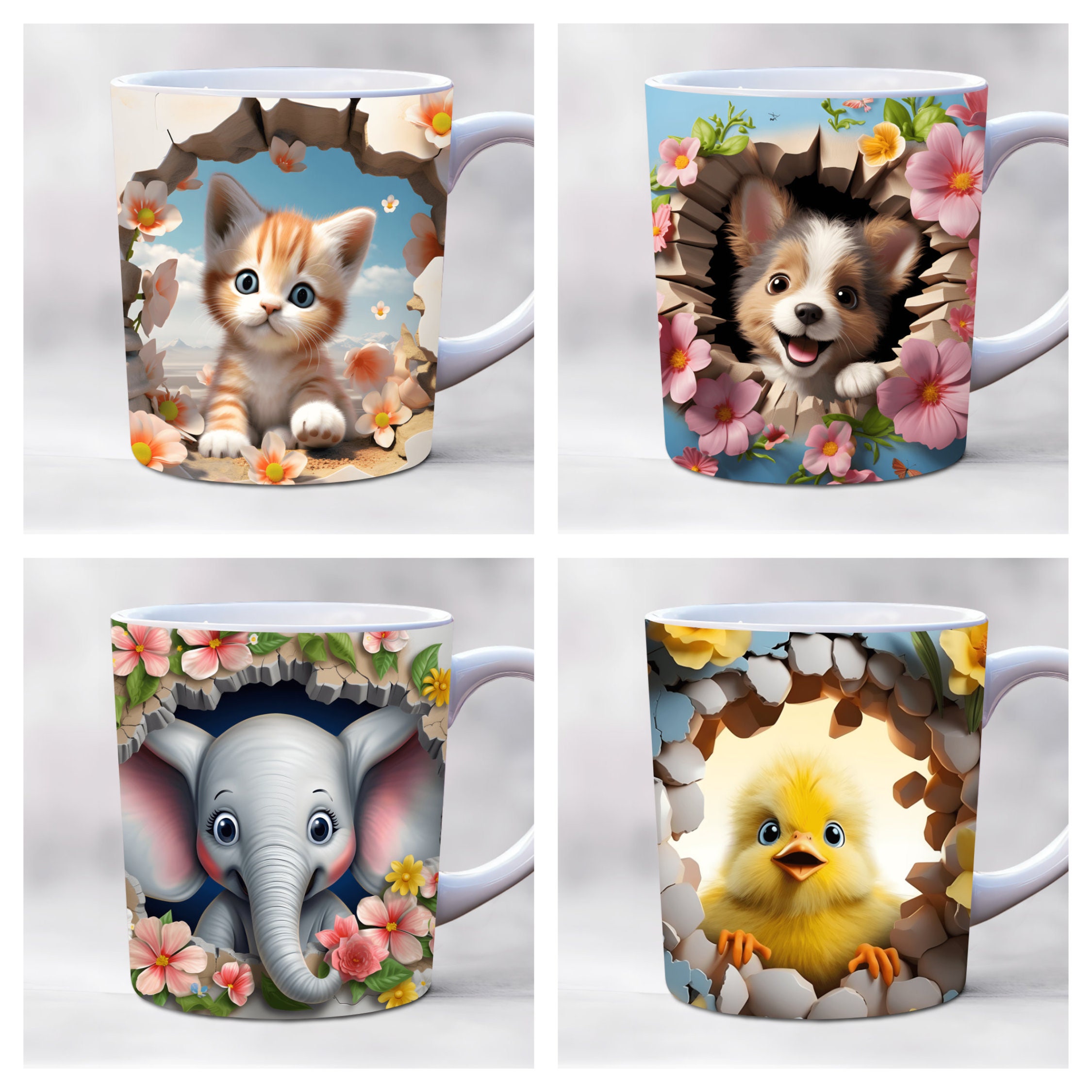 3d Baby Animals Mug Wrap Bundle, 11oz and 15oz Mug Template, Hole in a ...