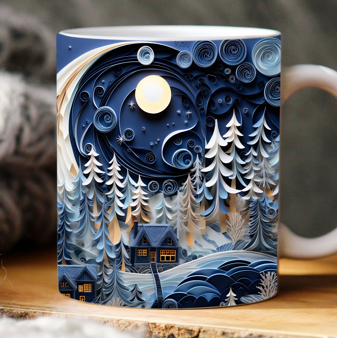 3d Winter Night Village Mug Wrap, 11oz and 15oz Mug Template, Winter ...