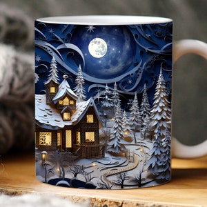 3d Winter Night Village Mug Wrap Bundle, 11oz and 15oz Mug Template ...
