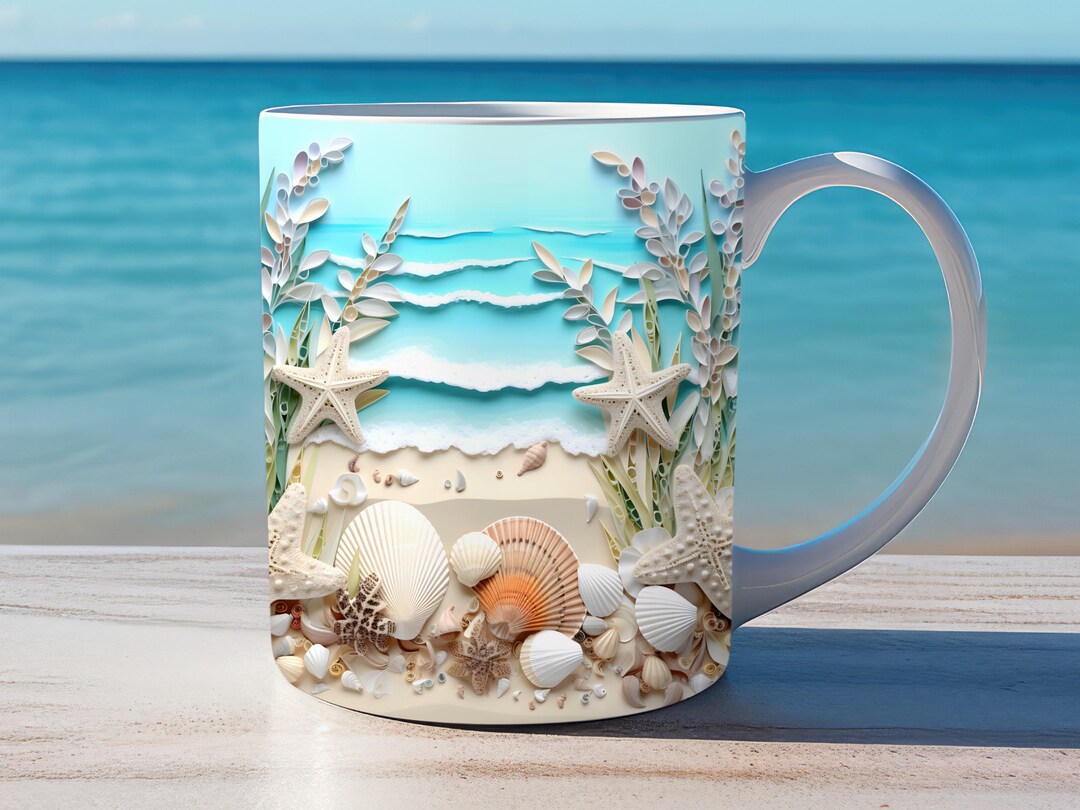 3d Beach Mug Wrap, 11oz and 15oz Mug Png, 3d Seashells Mug Wrap ...