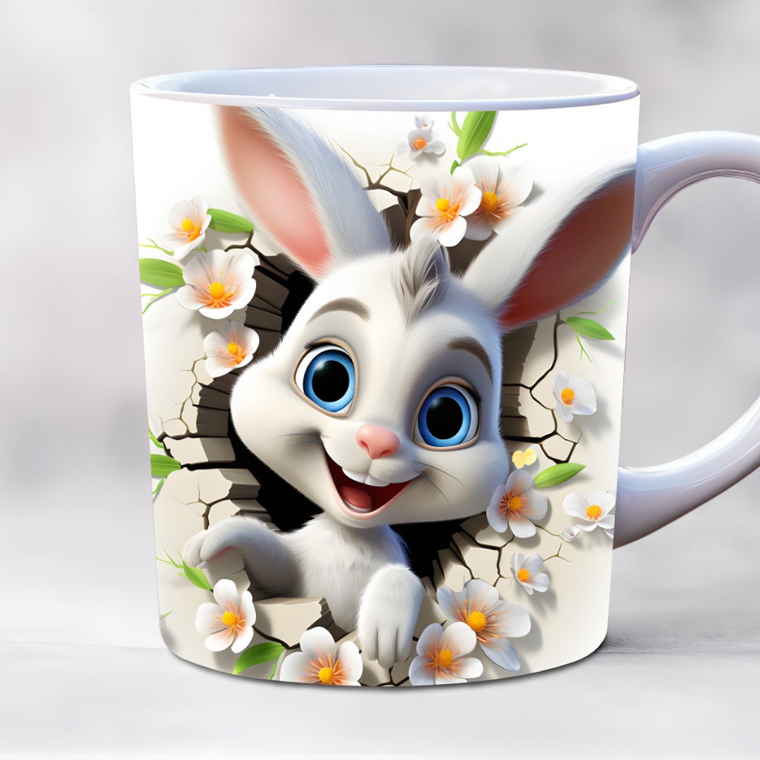3d Baby Rabbit Mug Wrap, 11oz and 15oz Mug Wraps, Hole in a Wall Mug ...