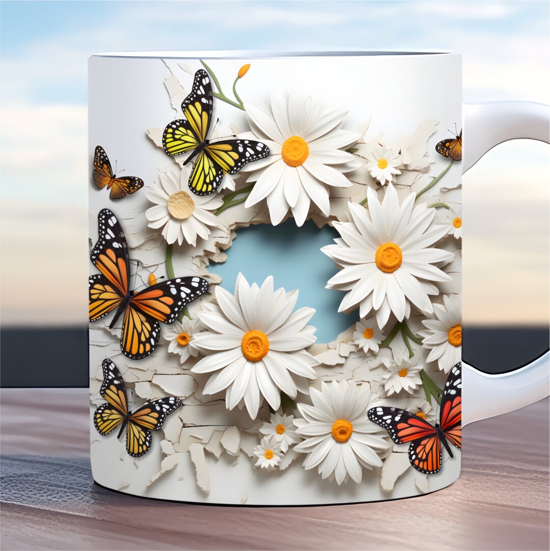 3d Butterflies and Daisies Mug Wrap, 11oz and 15oz Mug Template PNG ...
