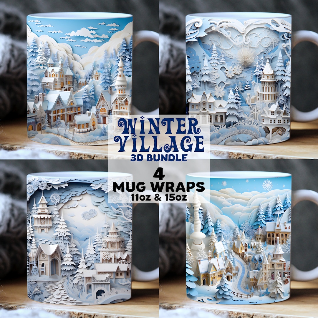 3d Winter Village Mug Wrap Bundle, 11oz and 15oz Mug Template, Winter ...