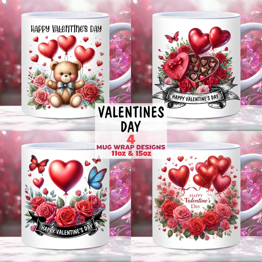 Happy Valentines Day Mug Wrap Bundle, PNG, 11oz and 15 Oz Mug Designs ...