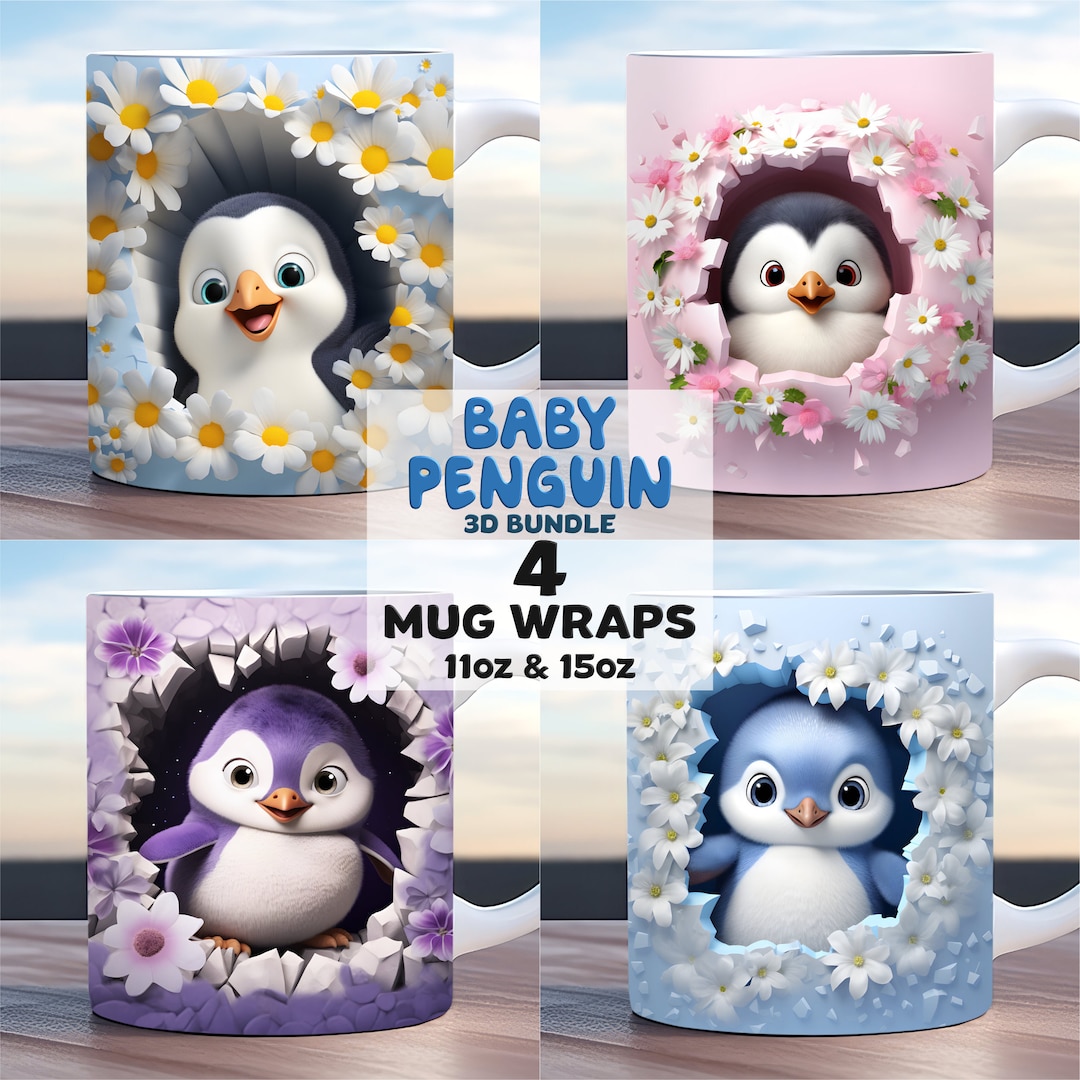3d Baby Penguin Mug Wrap Bundle, 11oz and 15oz Mug Wraps, Hole in a ...