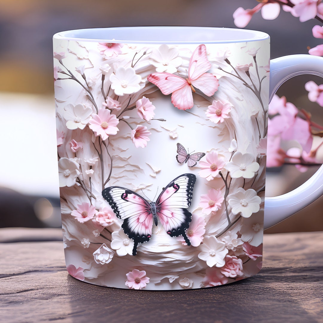 3d Pink Butterfly Mug Wrap PNG, 11oz and 15oz Mug Template, Spring Mug ...