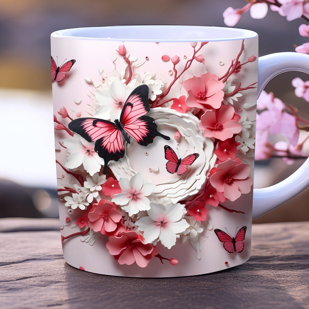 3d Pink Butterfly Mug Wrap PNG, 11oz and 15oz Mug Template, Spring Mug ...