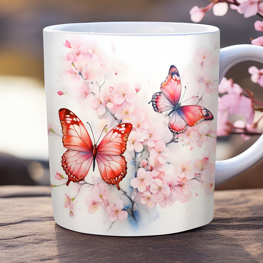 Pink Butterfly Mug Wrap PNG, 11oz and 15oz Mug Template, Spring Mug ...