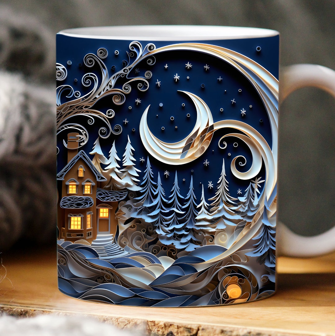 3d Winter Night Village Mug Wrap, 11oz and 15oz Mug Template, Winter ...