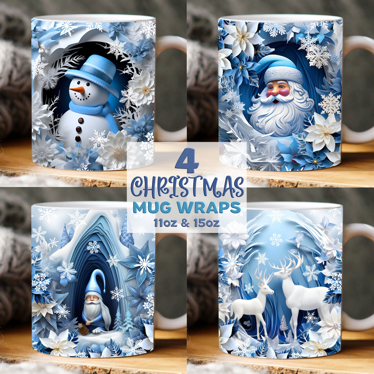 3d Christmas Mug Wrap Bundle, 3d Snowman Mug Wrap, Hole in Wall Mug ...