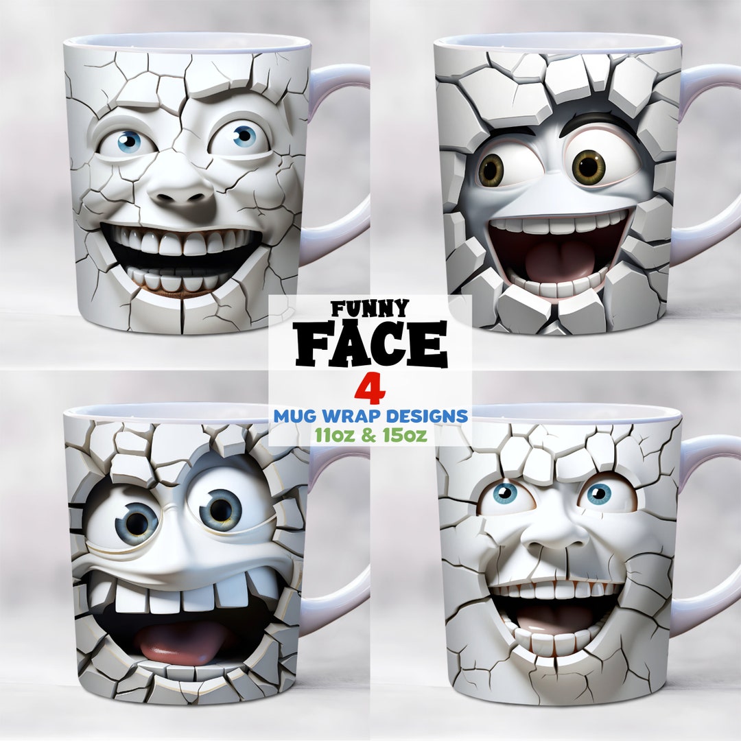 3D Funny Face Mug Wrap Bundle, 11oz, 15oz Mug Template, White Mug Wrap ...