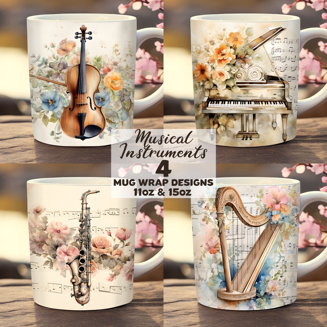 Floral Musical Instruments Mug Wrap, 11oz and 15oz Mug Template, Music ...