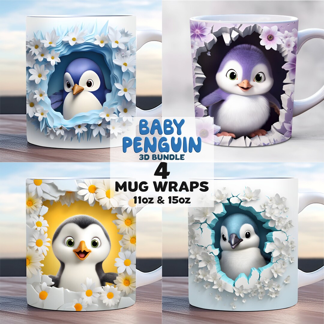 3d Baby Penguin Mug Wrap Bundle, 11oz and 15oz Mug Wraps, Hole in a ...