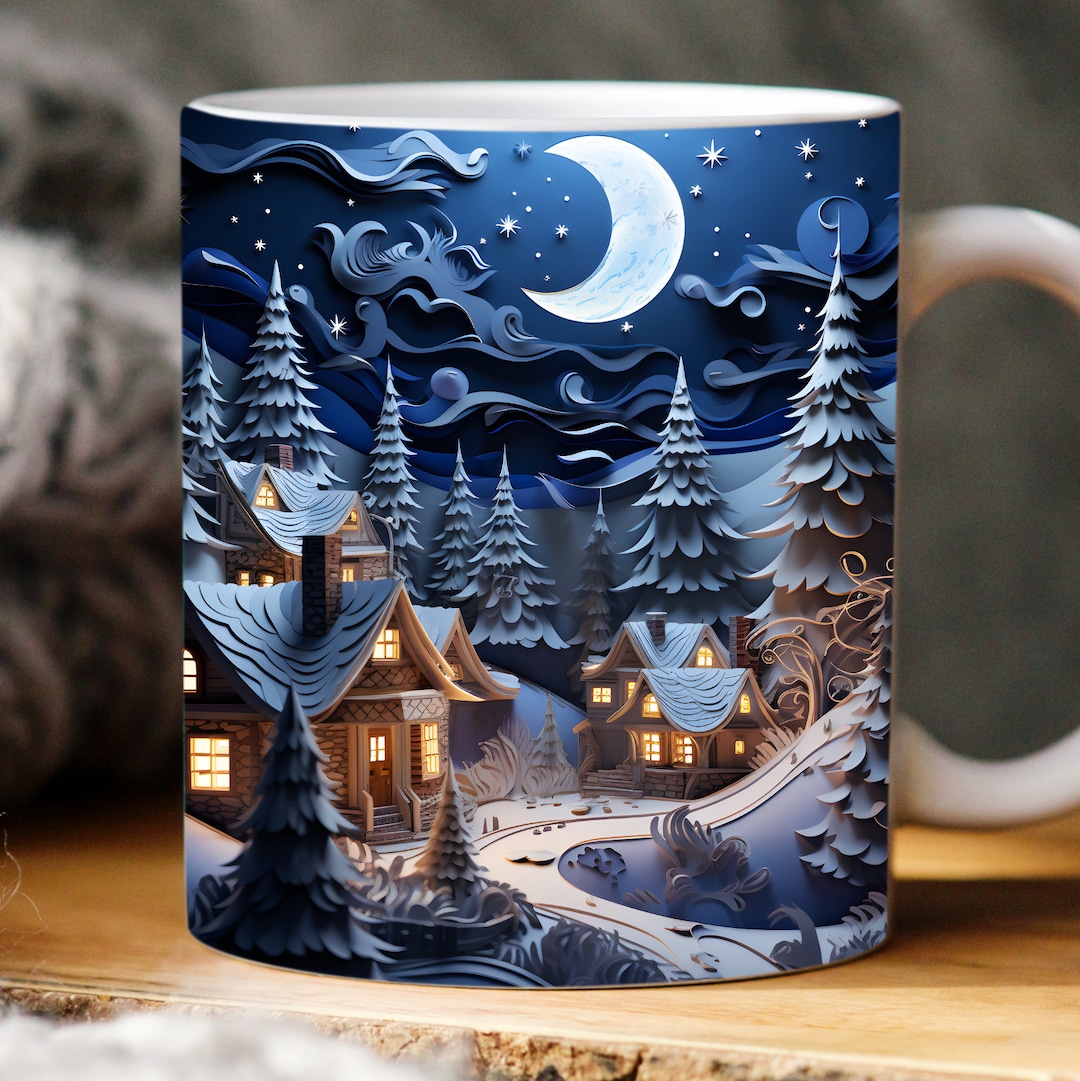 3d Winter Night Village Mug Wrap, 11oz and 15oz Mug Template, Winter ...