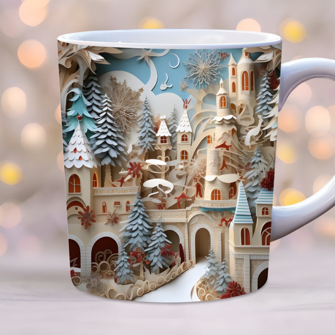 3d Christmas Mug Wrap Png, 11oz and 15oz Mug Template, Winter Village ...