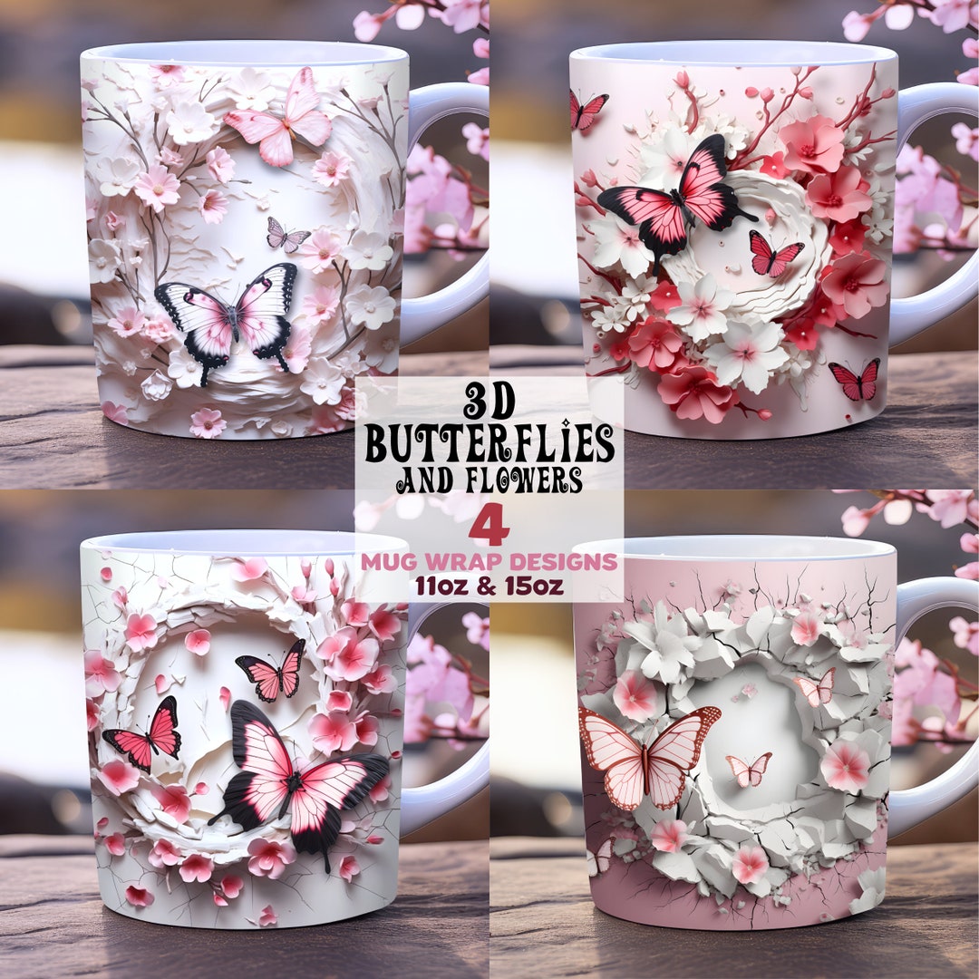 3d Pink Butterfly Mug Wrap Bundle PNG, 11oz and 15oz Mug Template ...