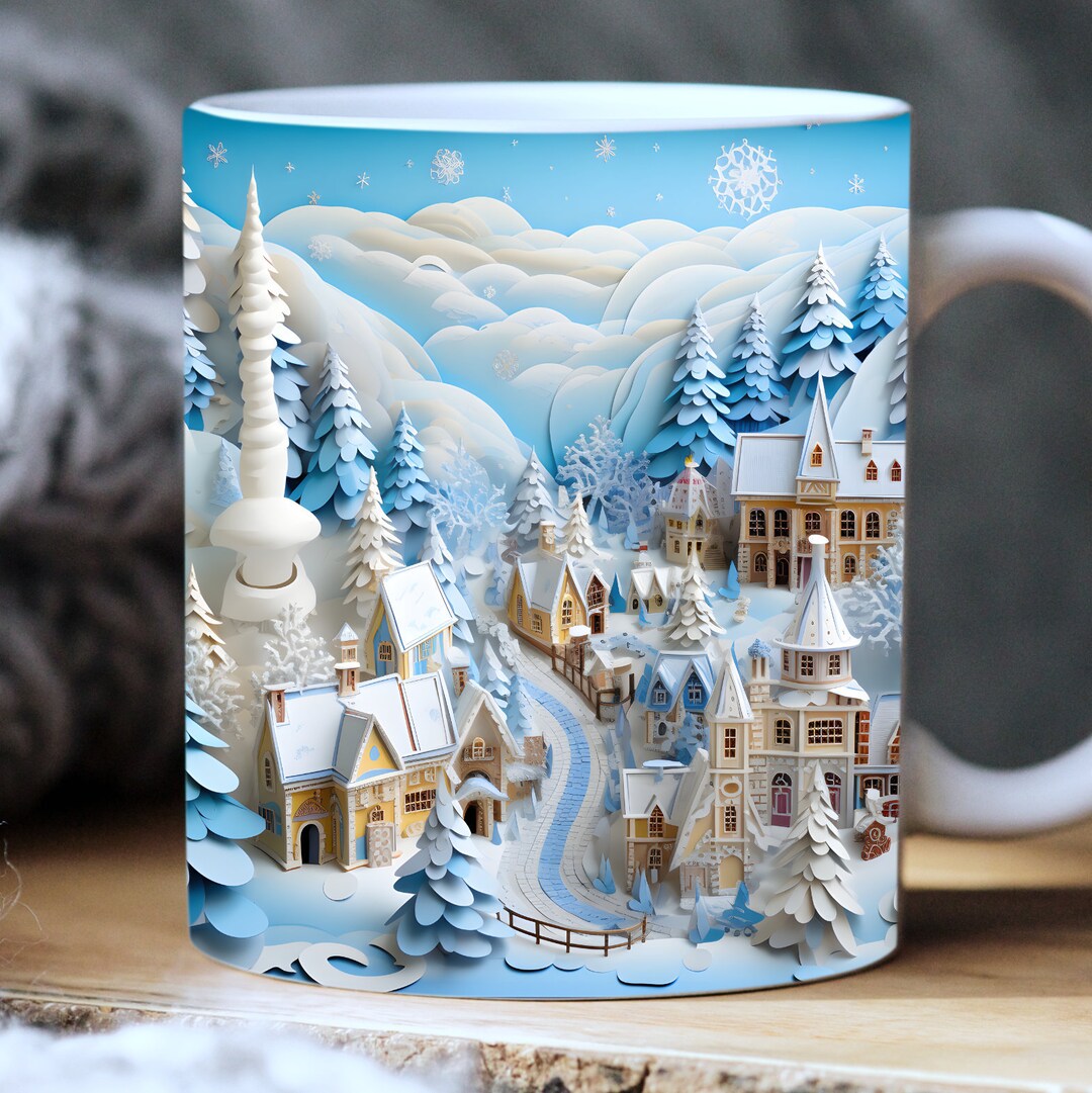 3d Winter Village Mug Wrap, 11oz and 15oz Mug Template, Winter Mug ...