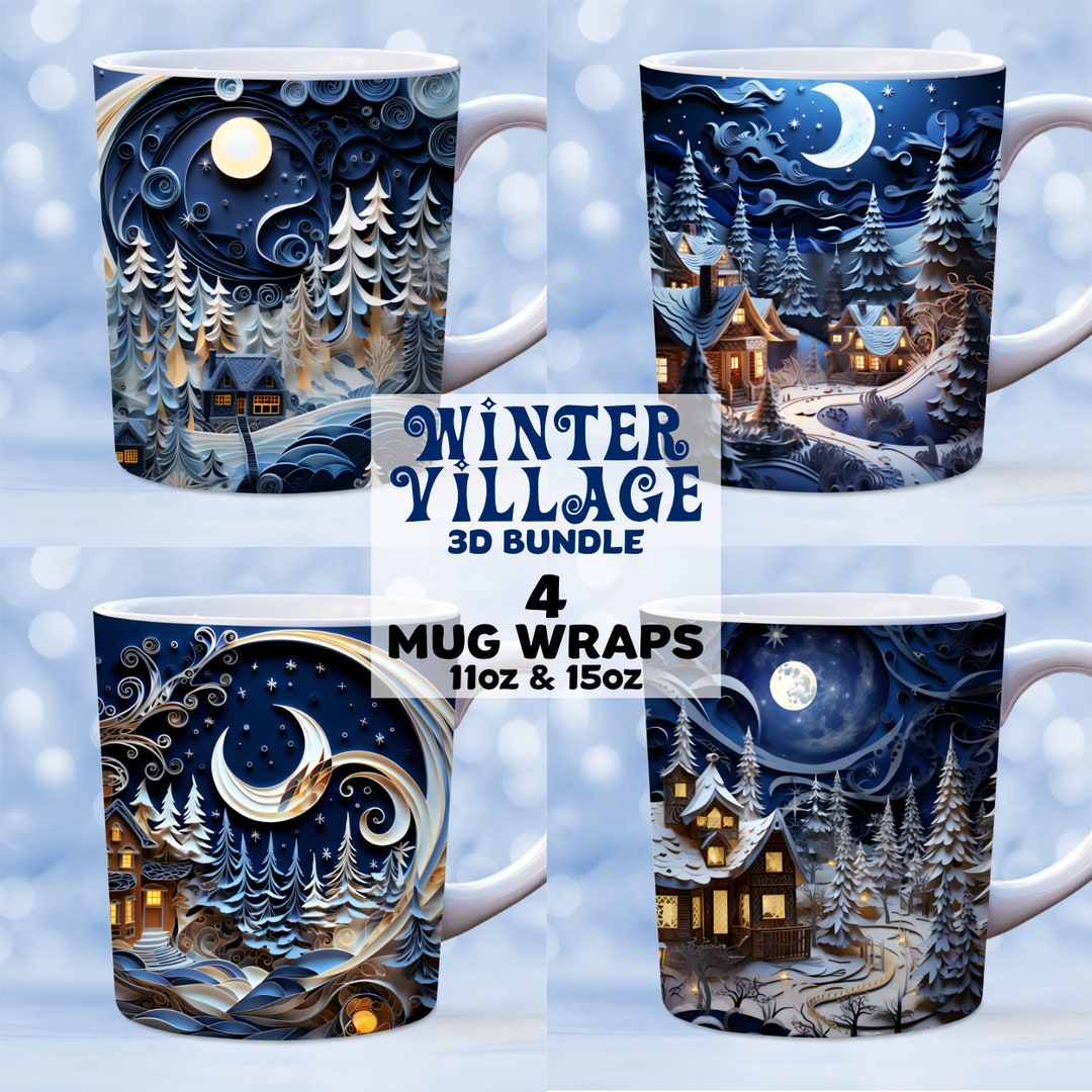 3d Winter Night Village Mug Wrap Bundle, 11oz and 15oz Mug Template ...
