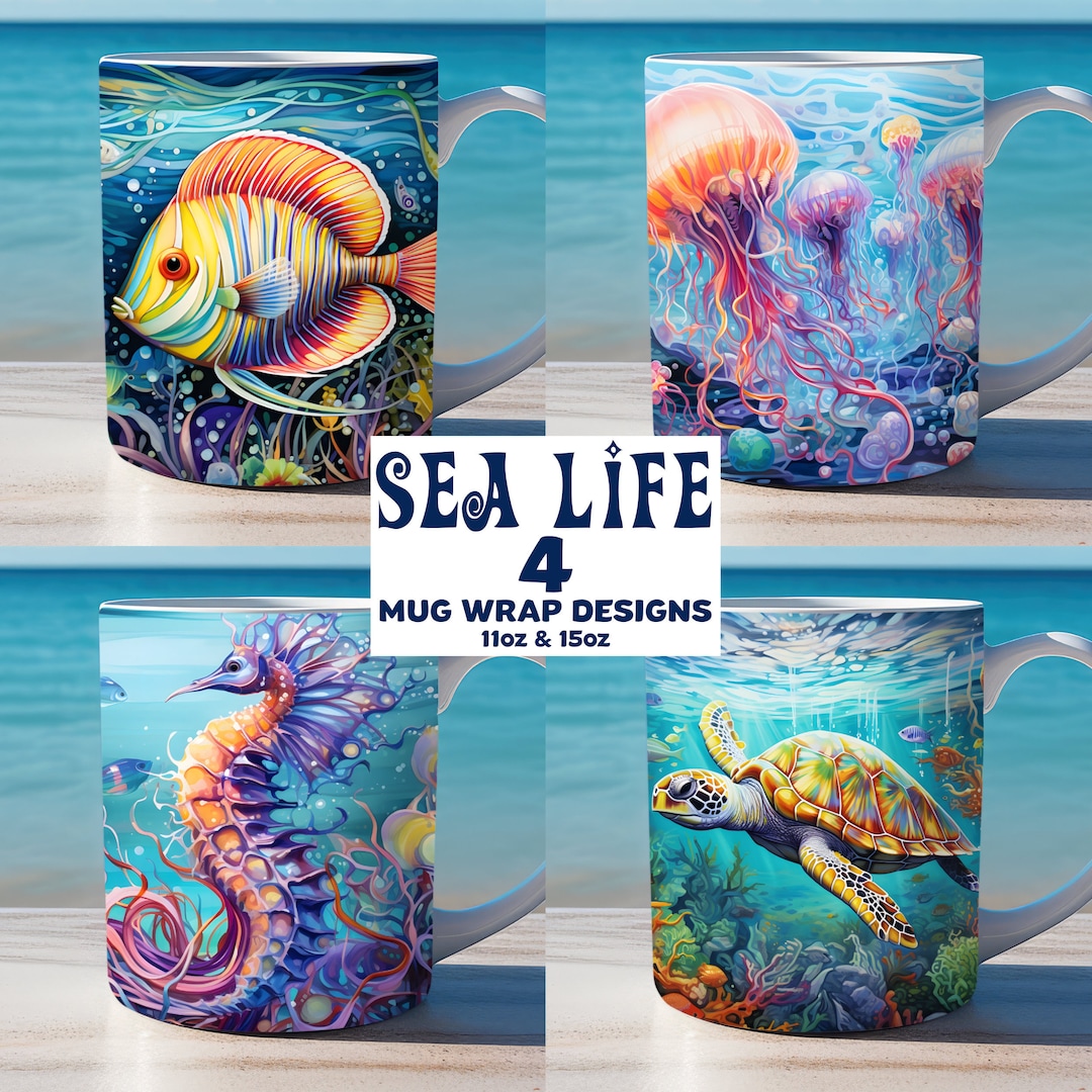 Sea Life Mug Wrap, 11oz and 15oz Mug Wrap Template, Ocean Mug Wrap ...