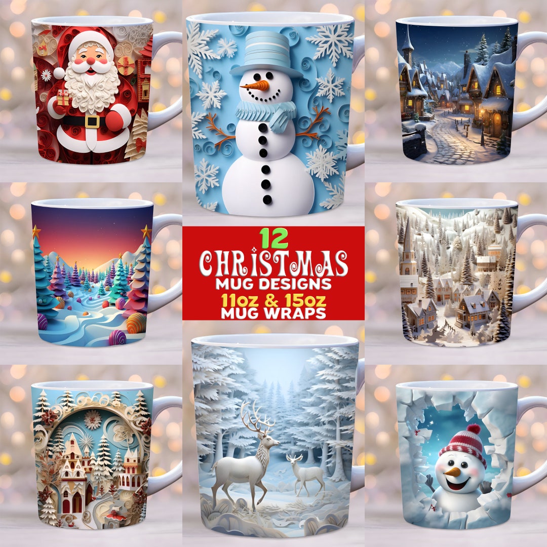 3d Christmas Mug Wrap Bundle, 11oz and 15oz Mug Template, Snowman Mug ...