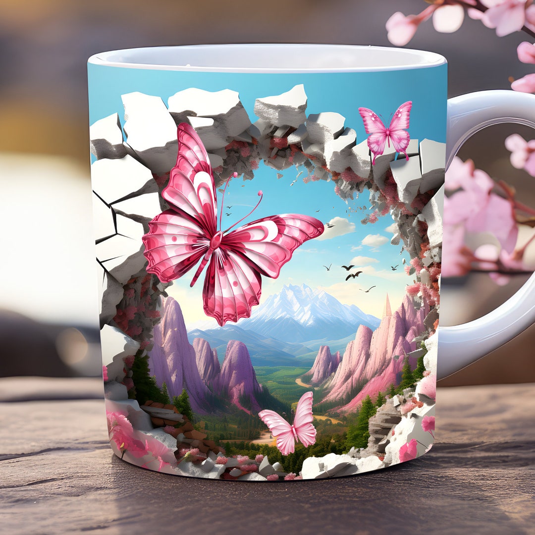 3d Pink Butterfly Mug Wrap Png, 11oz and 15oz Mug Template, Hole in a ...