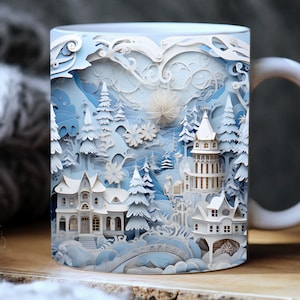 3d Winter Village Mug Wrap, 11oz and 15oz Mug Template, Winter Mug ...