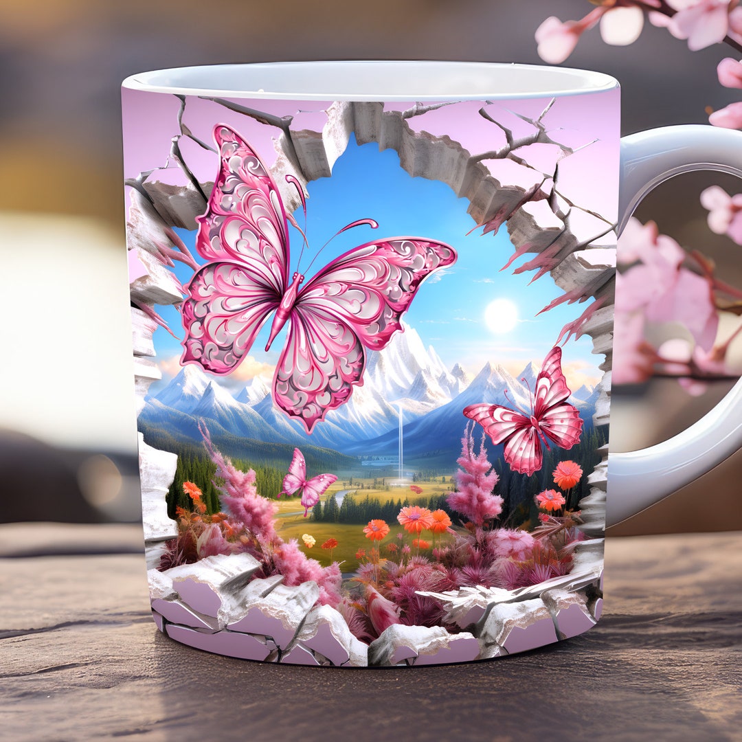 3d Pink Butterfly Mug Wrap Png, 11oz and 15oz Mug Template, Hole in a ...