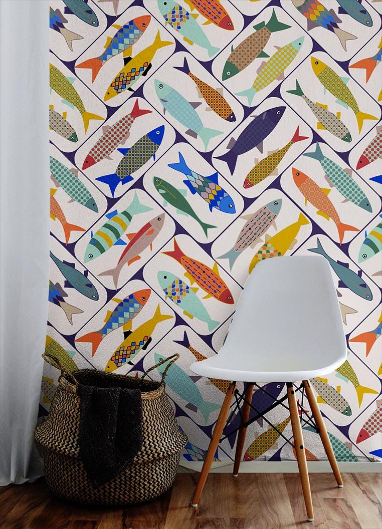 Art Deco Fish Wallpaper | Colorful Coastal Wall Mural | Geometric ...