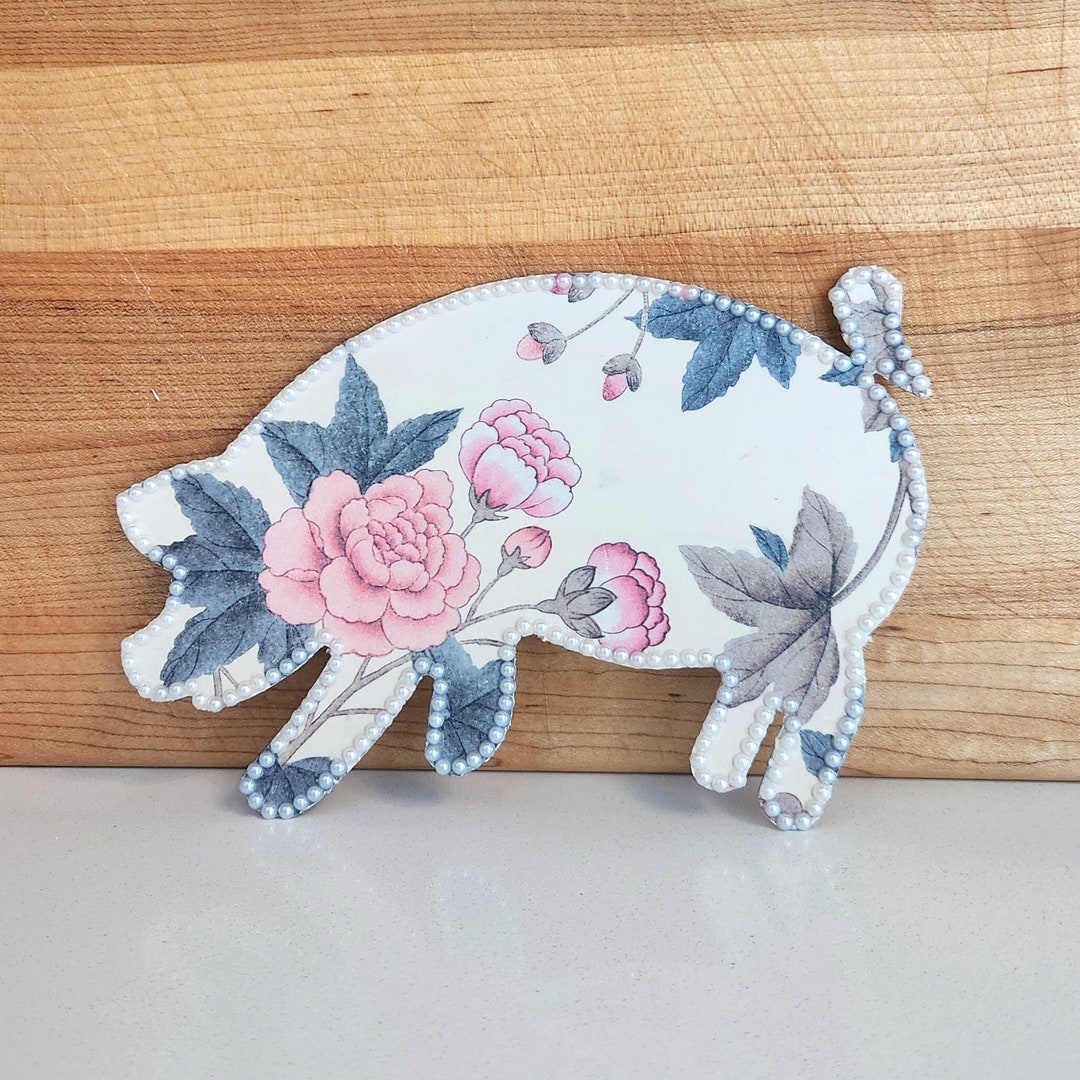 Metalized Pig Plaque Decoupaged W/ Vintage-inspired Paper Hand-applied ...