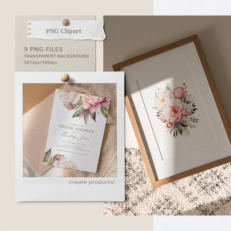 Watercolor Floral Clipart, Pink and White Flowers Clipart, Pastel Pink ...