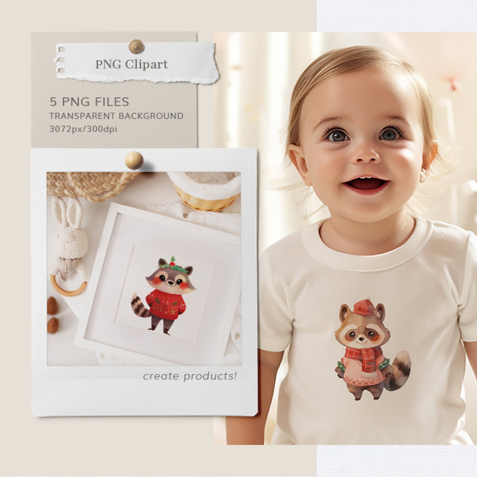 Raccoon Clipart, Christmas Raccoon Clipart, Christmas Clipart, Cute ...