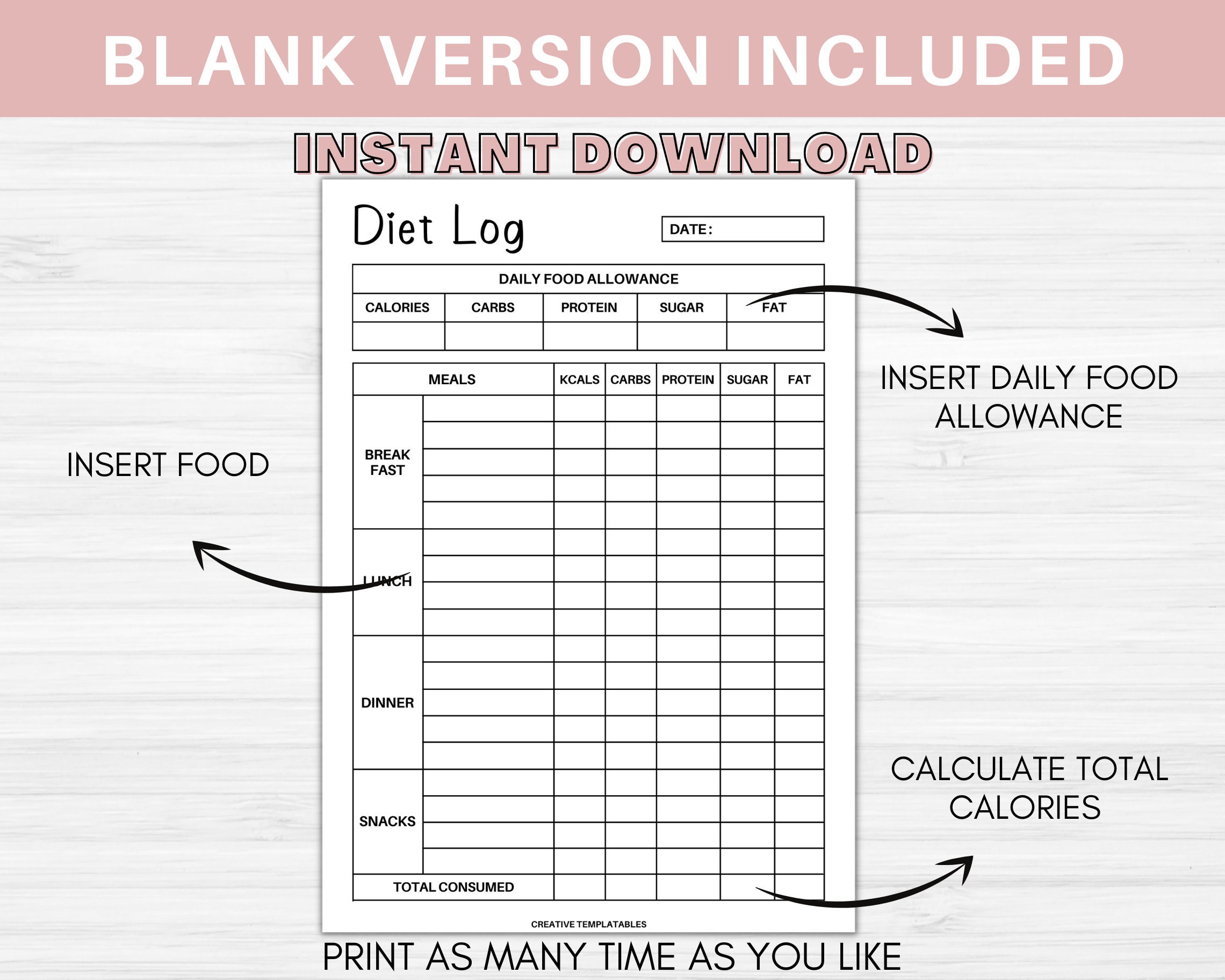 Diet Log | Printable Fitness Log | Fitness Tracker | Diet Tracker ...