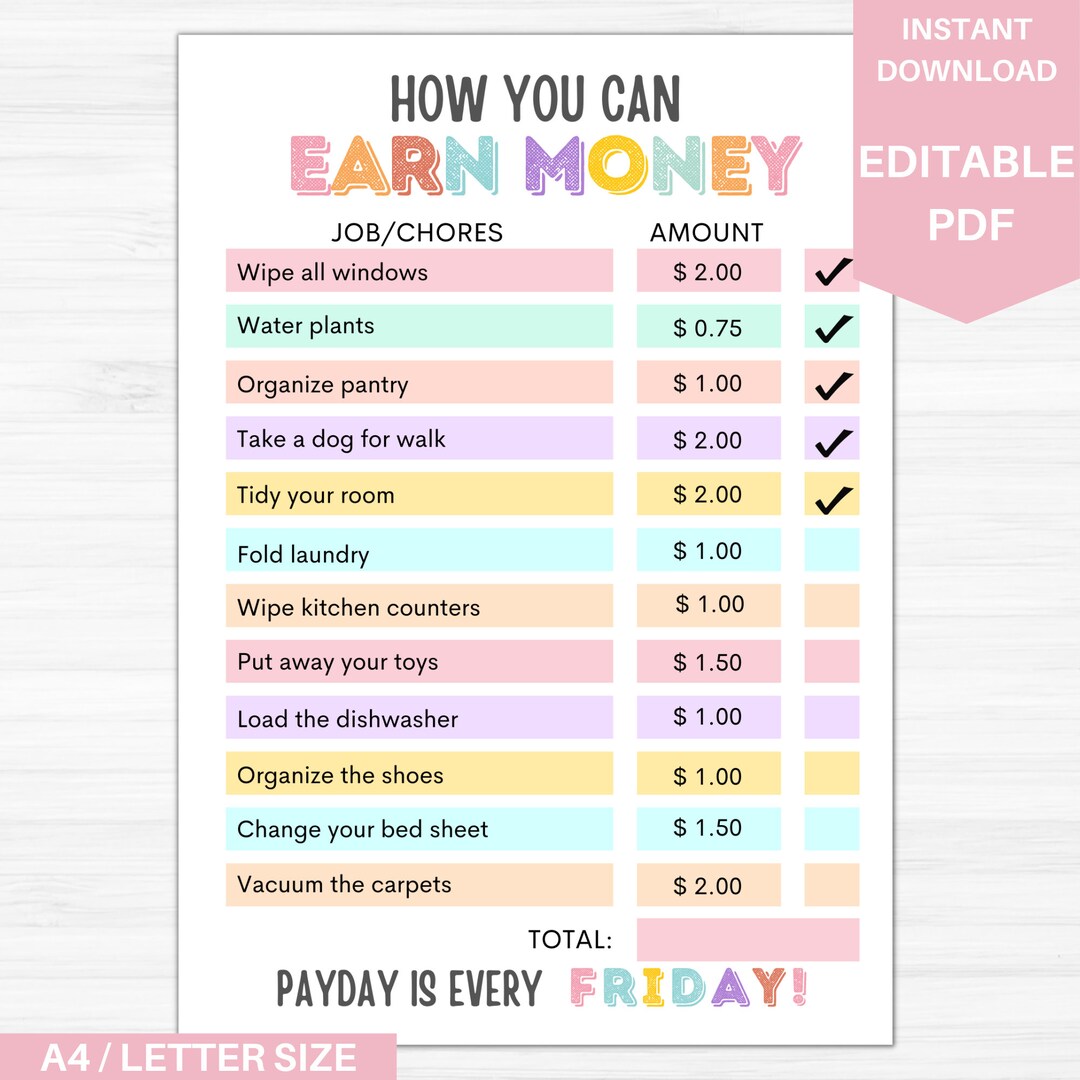How to Earn Money Chore Chart Editable Allowance Chore Chart for Kids ...