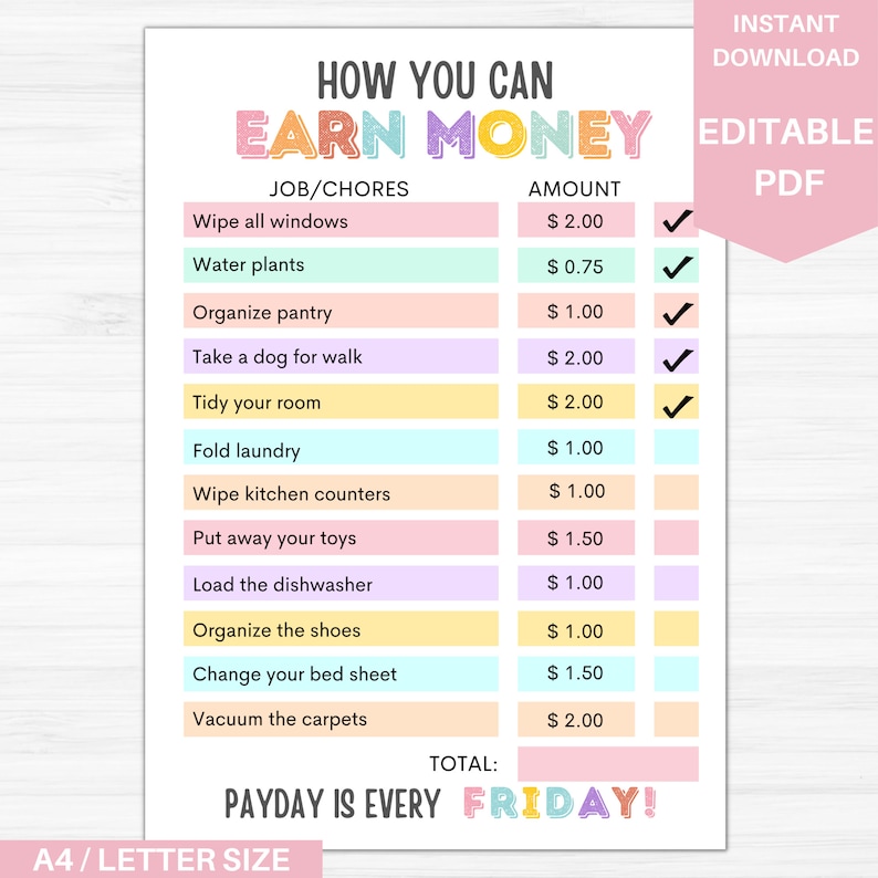 How to Earn Money Chore Chart Editable Allowance Chore Chart for Kids ...