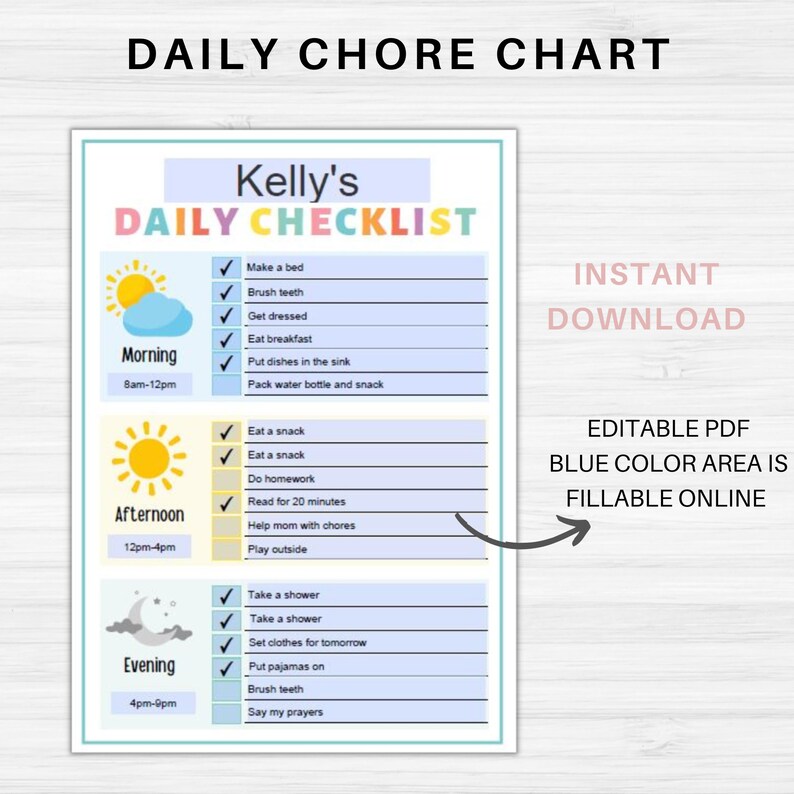 Kids Chore Chart Editable Daily Routine Responsibility Chart Kids Daily ...
