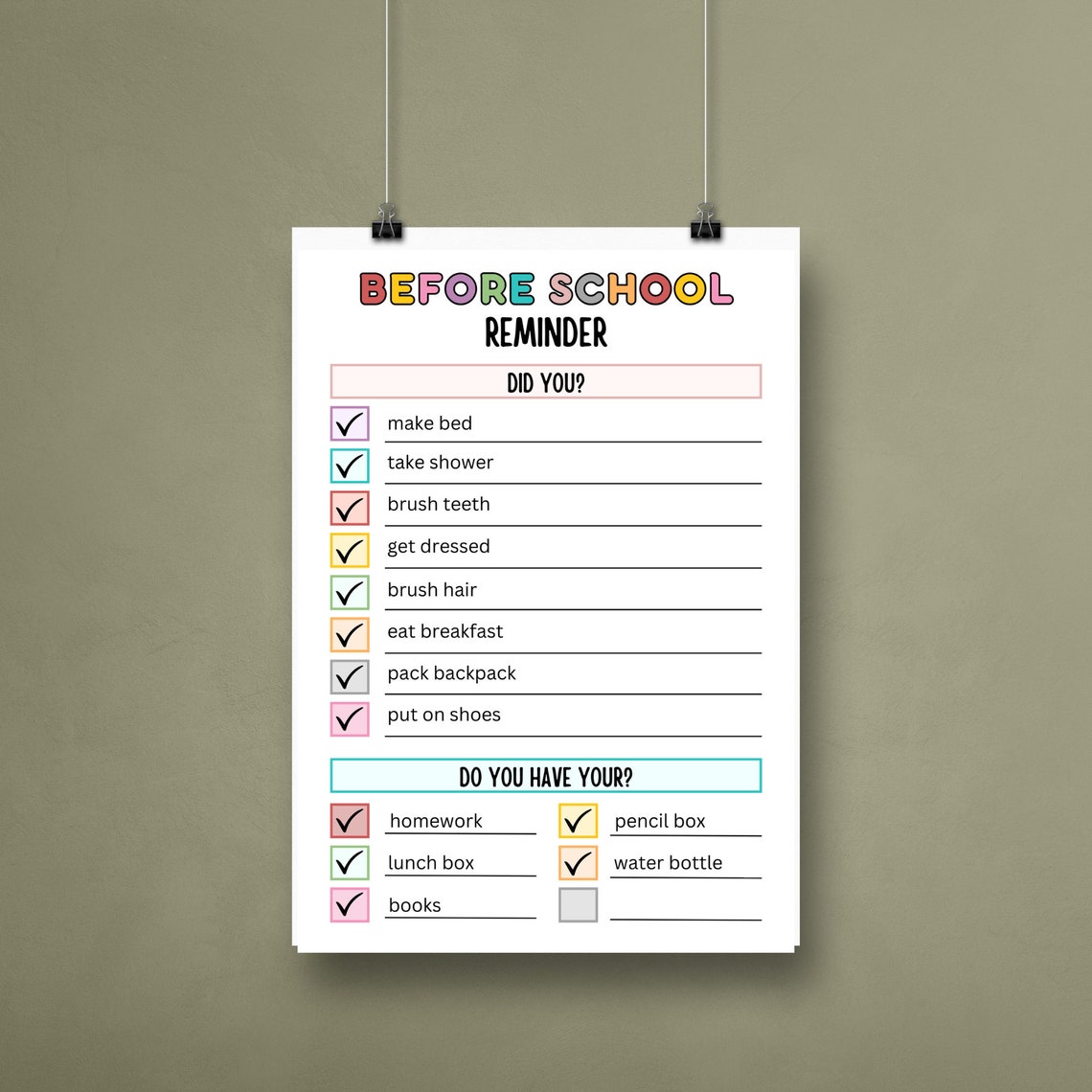 School Checklist Reminders for Kids Preschool Kindergarten - Etsy