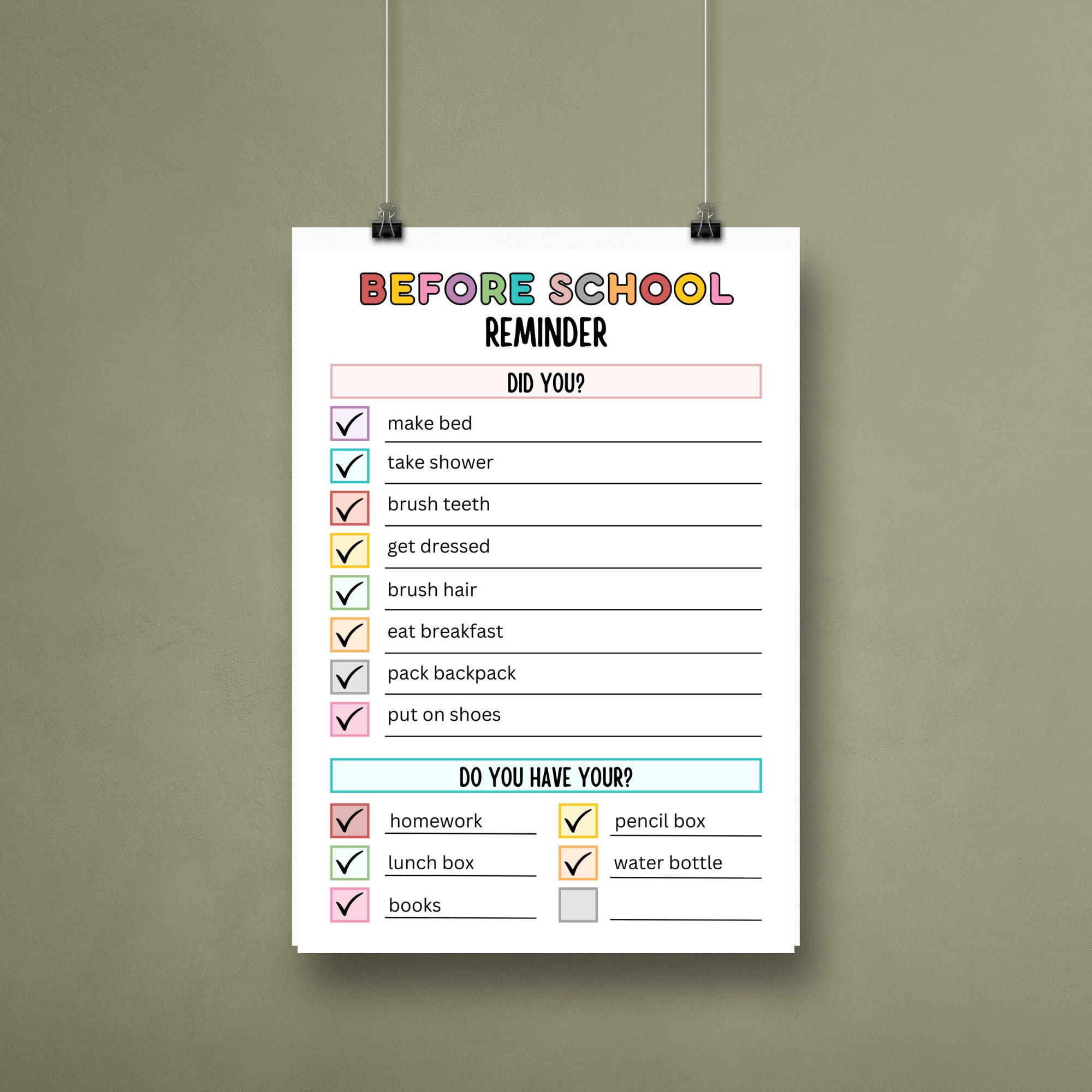 School Checklist Reminders for Kids Preschool Kindergarten - Etsy