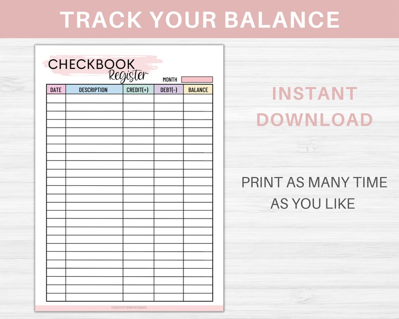 Checkbook Register Printable Check Transaction Tracker Checkbook Log ...